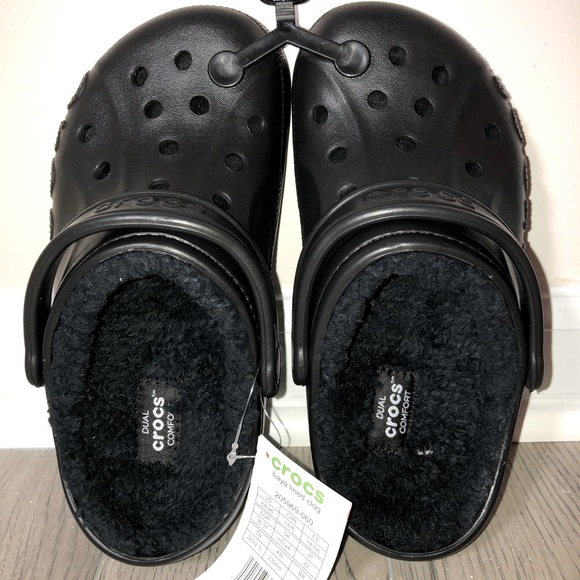 CROCS | Shoes | Crocs Black Fuzzy Crocs Black Baya Lined Clog | Poshmark